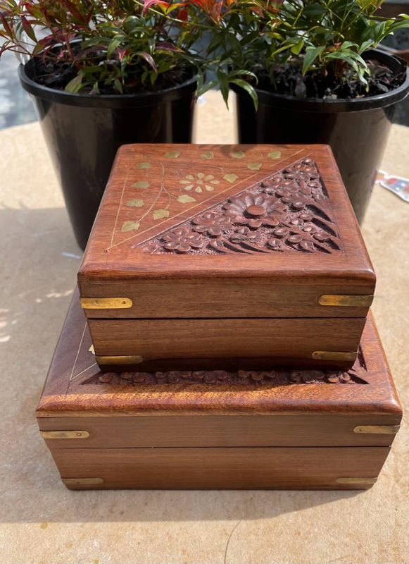 Set of 2 square brass & carved box | Canberra Nursery & Garden Centre